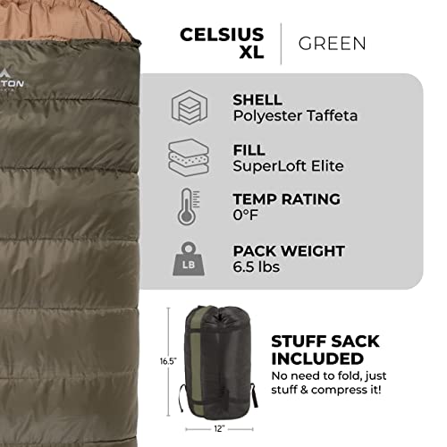 TETON Sports Celsius XL 0F Sleeping Bag; Great for Family Camping; Free Compression Sack, Green, 90-Inchx 36-Inch, Left Zip