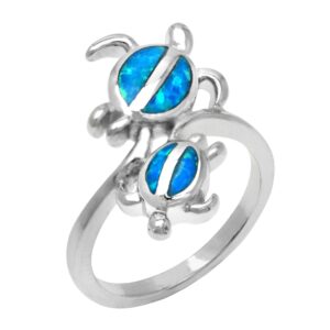 honolulu jewelry company twin hawaiian turtle honu silver ring with simulated blue opal, size 7