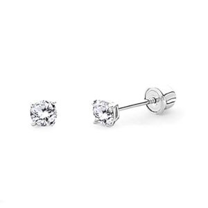 14k real white gold 3mm round solitaire basket set stud earrings with screw back