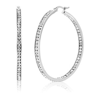 Gem Stone King 2 Inch Stunning Stainless Steel High Shine Inside-Out Hoop Earrings With CZ For Women