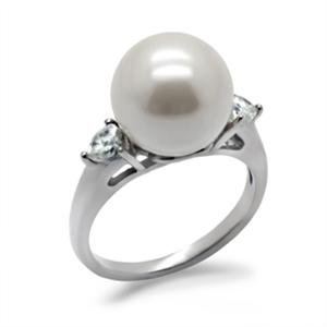 eternal sparkles simulated round white pearl with clear cz accent stainless steel cocktail ring