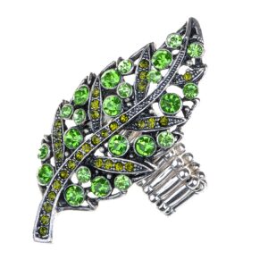 Alilang Womens Silvery Tone Emerald Peridot Green Crystal Rhinestone Leaf Stretchy Adjustable Ring