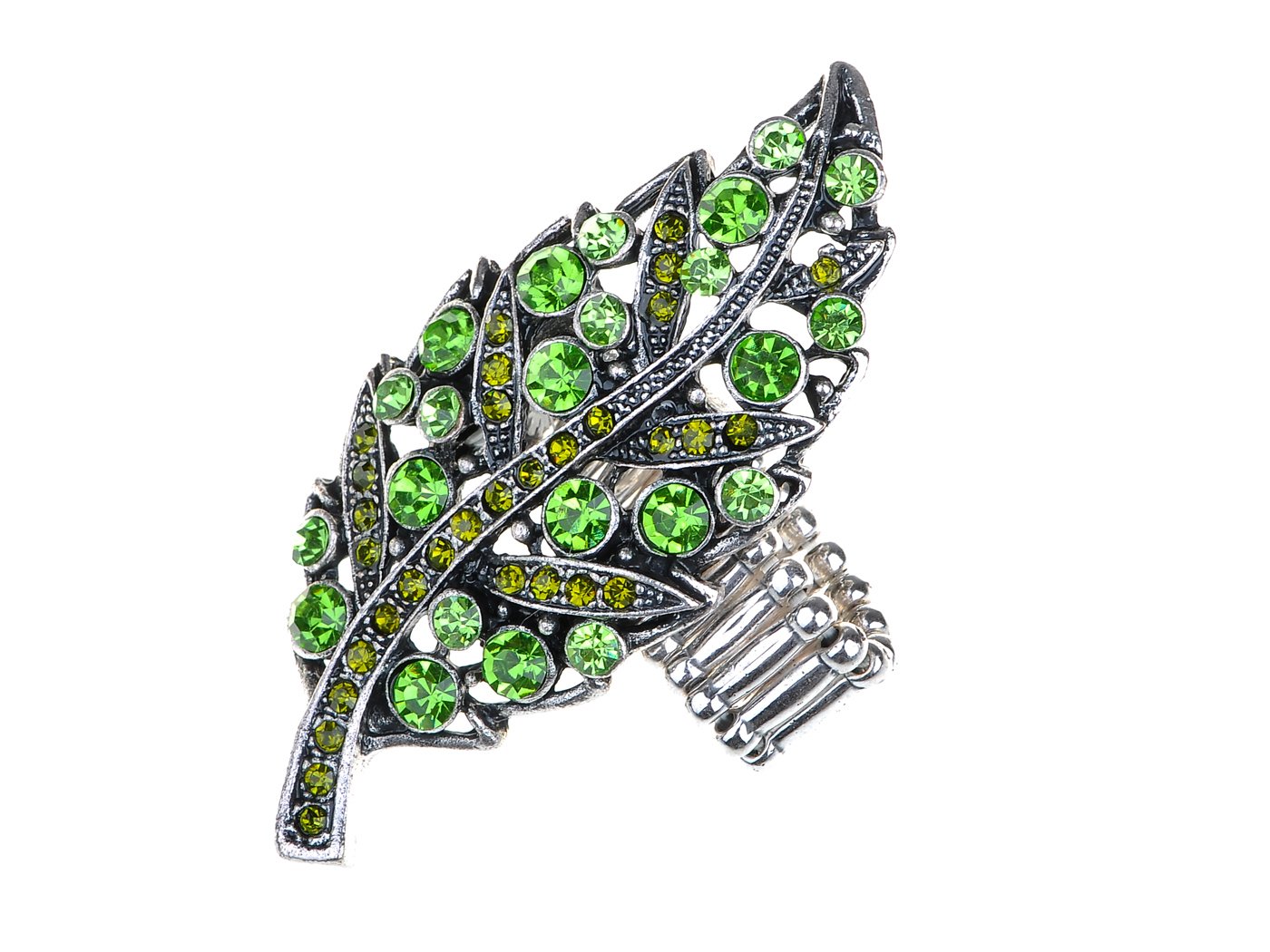 Alilang Womens Silvery Tone Emerald Peridot Green Crystal Rhinestone Leaf Stretchy Adjustable Ring