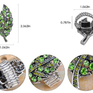 Alilang Womens Silvery Tone Emerald Peridot Green Crystal Rhinestone Leaf Stretchy Adjustable Ring