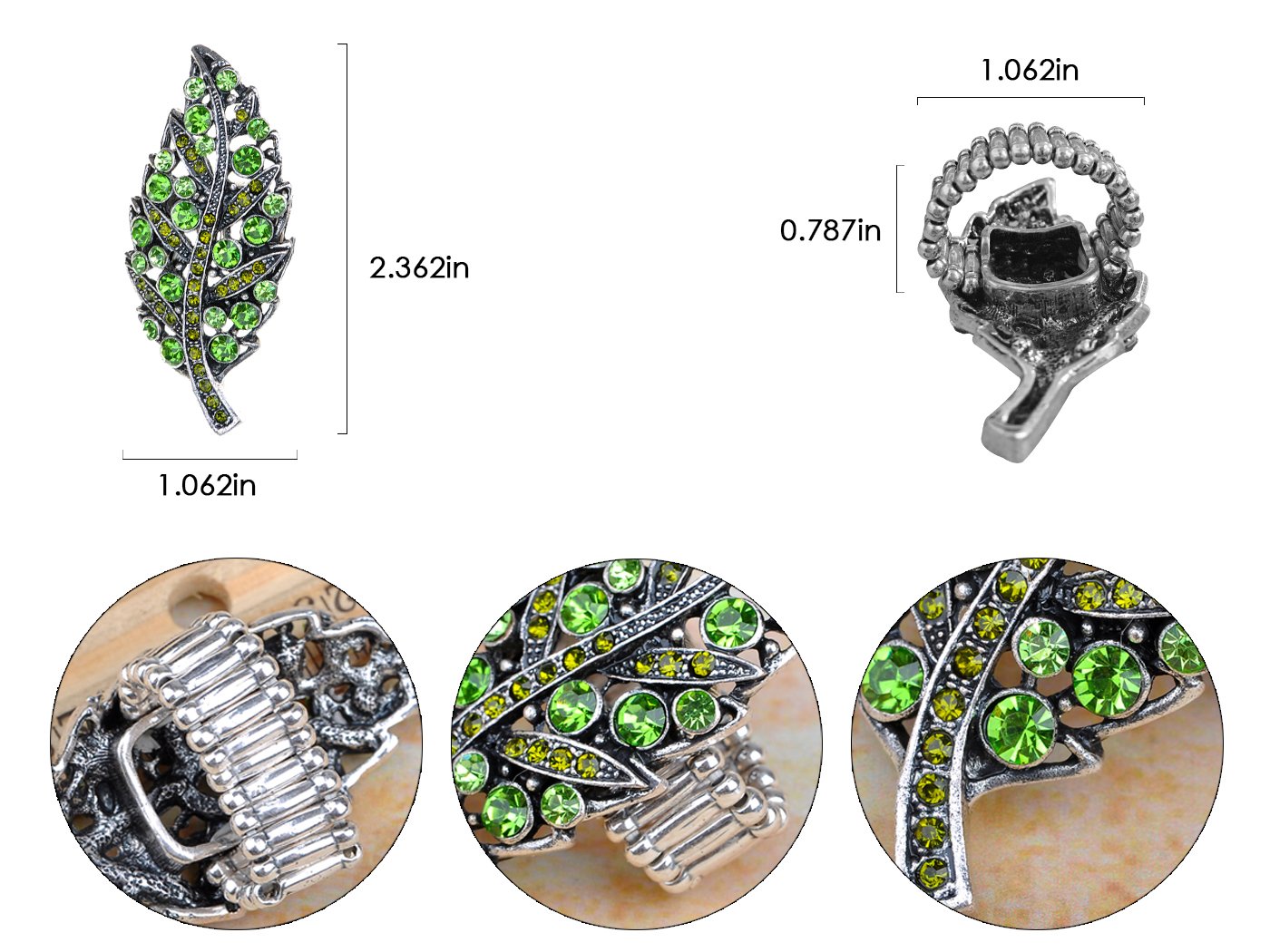 Alilang Womens Silvery Tone Emerald Peridot Green Crystal Rhinestone Leaf Stretchy Adjustable Ring