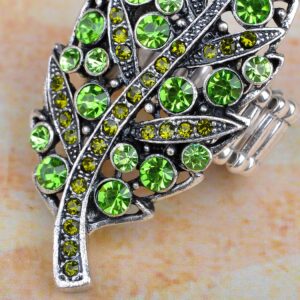 Alilang Womens Silvery Tone Emerald Peridot Green Crystal Rhinestone Leaf Stretchy Adjustable Ring