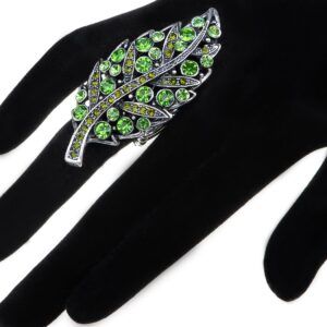 Alilang Womens Silvery Tone Emerald Peridot Green Crystal Rhinestone Leaf Stretchy Adjustable Ring