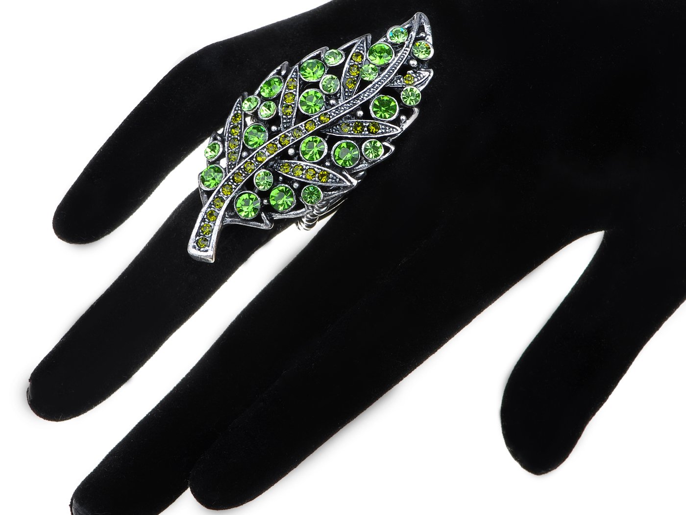 Alilang Womens Silvery Tone Emerald Peridot Green Crystal Rhinestone Leaf Stretchy Adjustable Ring