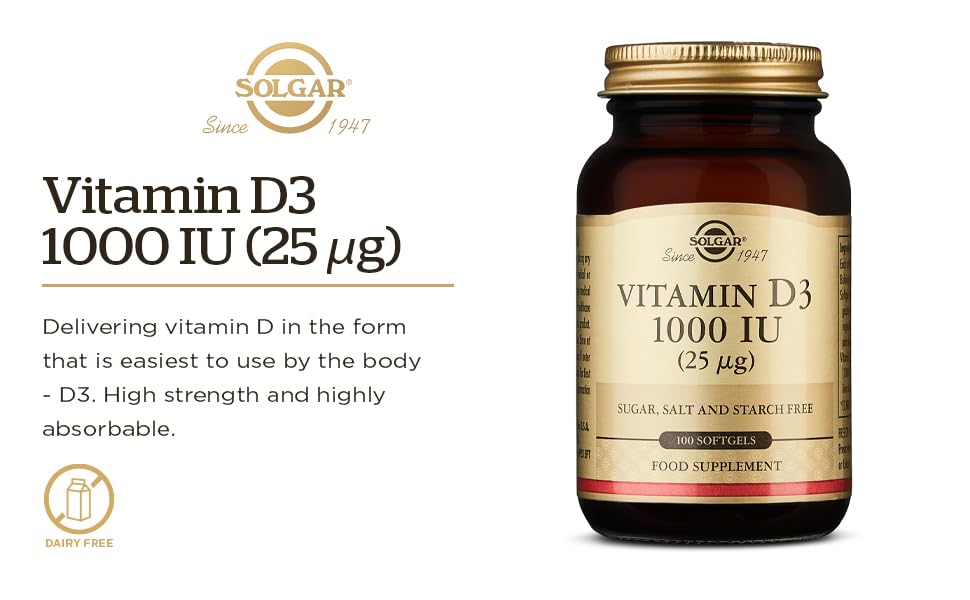 Solgar Vitamin D3 (Cholecalciferol) 25 MCG (1000 IU), 250 Softgels - Helps Maintain Healthy Bones & Teeth - Immune System Support - Non-GMO, Gluten Free, Dairy Free - 250 Servings