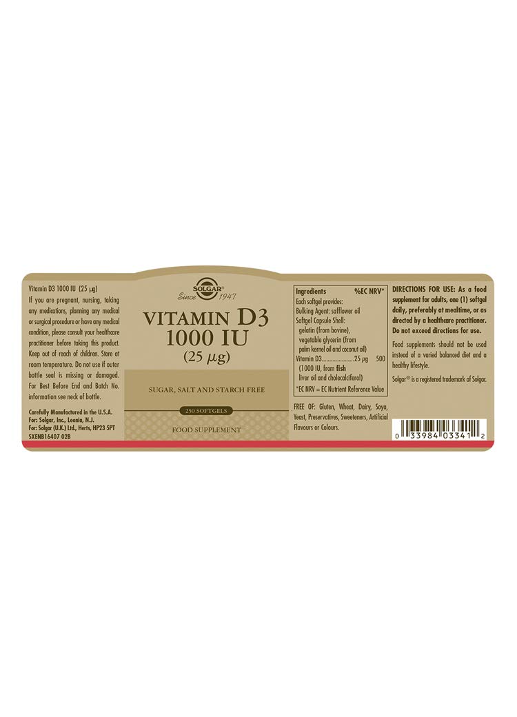 Solgar Vitamin D3 (Cholecalciferol) 25 MCG (1000 IU), 250 Softgels - Helps Maintain Healthy Bones & Teeth - Immune System Support - Non-GMO, Gluten Free, Dairy Free - 250 Servings