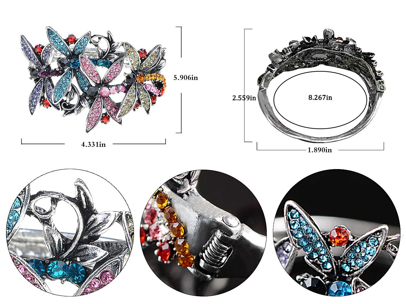 Alilang Womens Silvery Tone Shine Colorful Crystal Rhinestone Flying Dragonfly Firefly Insect Cuff Bangle Bracelet