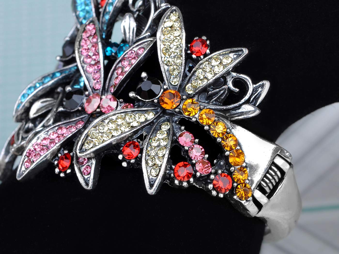 Alilang Womens Silvery Tone Shine Colorful Crystal Rhinestone Flying Dragonfly Firefly Insect Cuff Bangle Bracelet