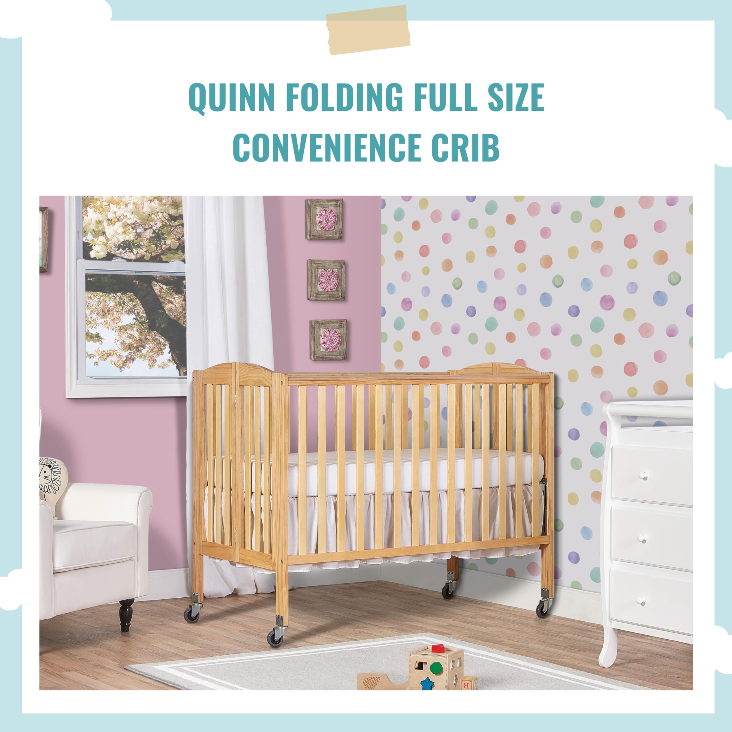 Dream On Me Folding Full Size Convenience Crib In Natural, Two Adjustable Mattress Height Positions, Comes With Heavy Duty Locking Wheels, Flat Folding