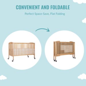 Dream On Me Folding Full Size Convenience Crib In Natural, Two Adjustable Mattress Height Positions, Comes With Heavy Duty Locking Wheels, Flat Folding