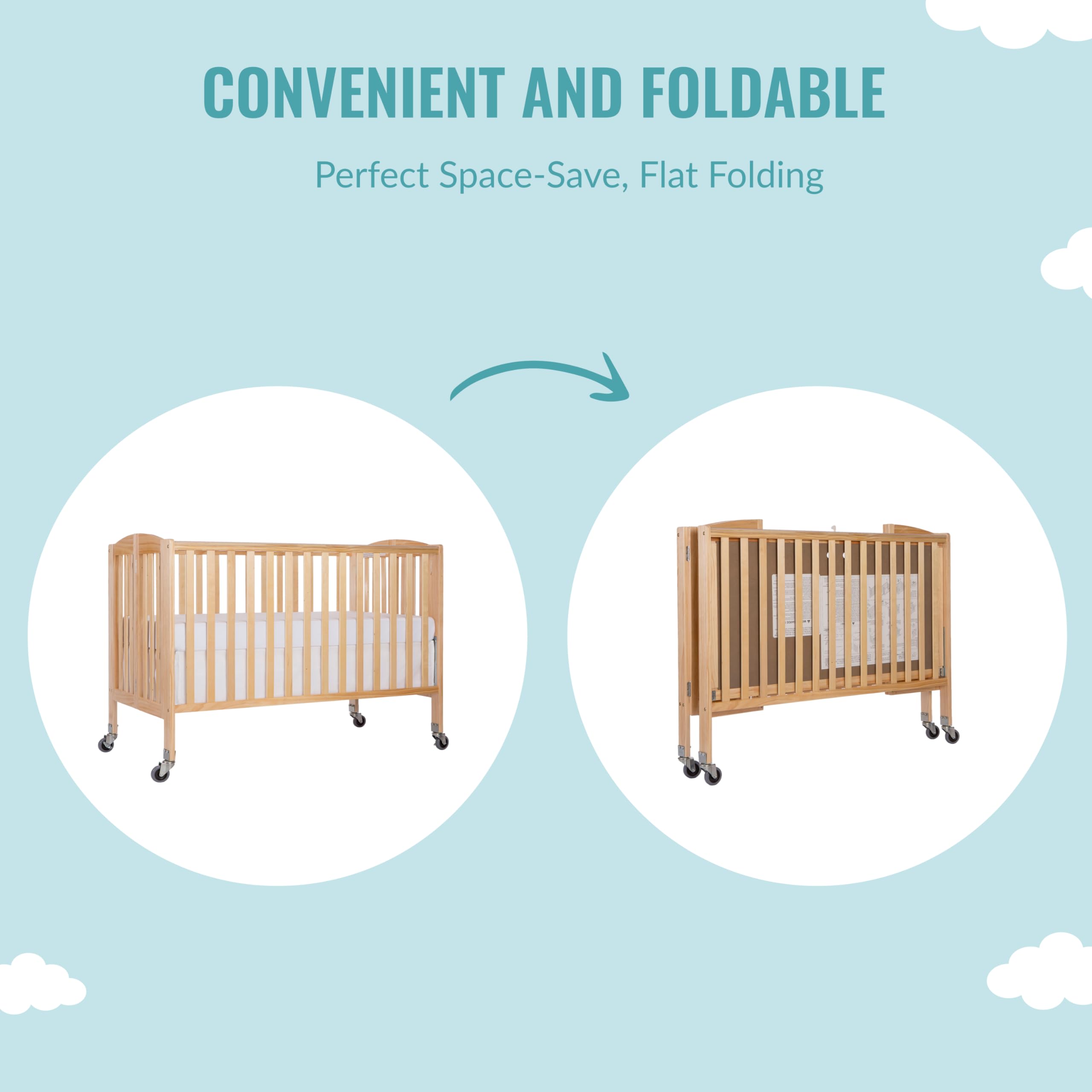 Dream On Me Folding Full Size Convenience Crib In Natural, Two Adjustable Mattress Height Positions, Comes With Heavy Duty Locking Wheels, Flat Folding