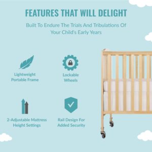 Dream On Me Folding Full Size Convenience Crib In Natural, Two Adjustable Mattress Height Positions, Comes With Heavy Duty Locking Wheels, Flat Folding