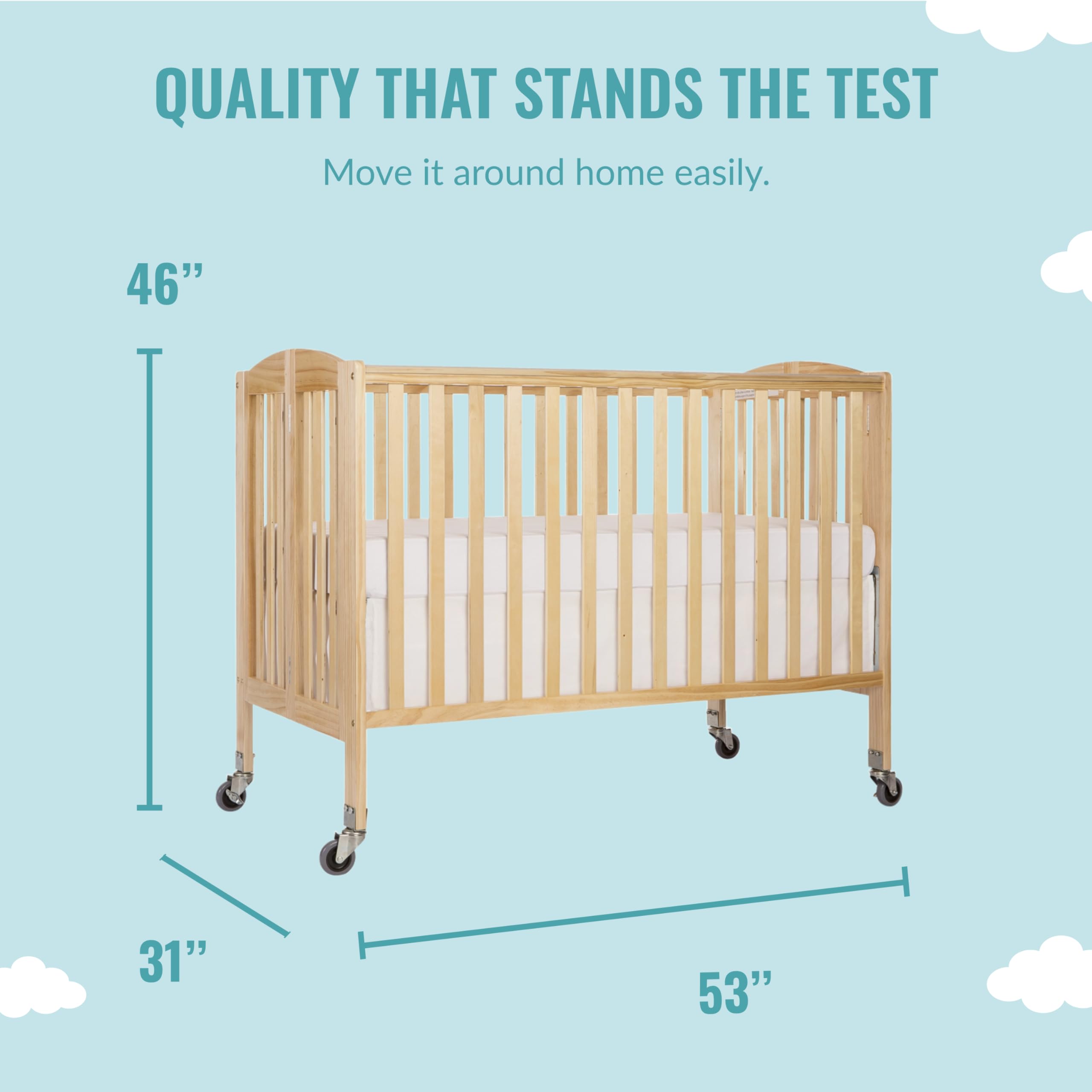 Dream On Me Folding Full Size Convenience Crib In Natural, Two Adjustable Mattress Height Positions, Comes With Heavy Duty Locking Wheels, Flat Folding