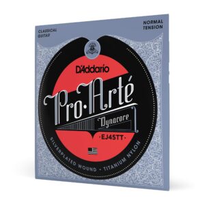 d'addario guitar strings - pro-arte classical guitar strings - ej45tt dynacore - silver plated wrap, composite dynacore, titanium nylon trebles - normal tension, 1-pack