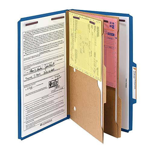 Smead Pressboard Classification File Folder with SafeSHIELD Fasteners, 2 Pocket Dividers, 2" Expansion, Legal Size, Dark Blue, 10 per Box (19077)