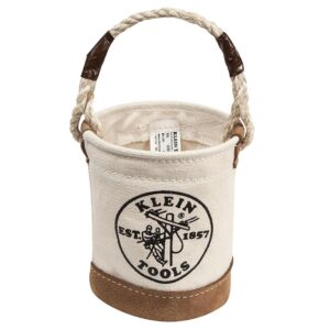 klein tools 5104mini mini tool bucket, all-purpose tool bucket with leather-bottom, nuts and bolt bag with reinforced rope handle, small utility pouch