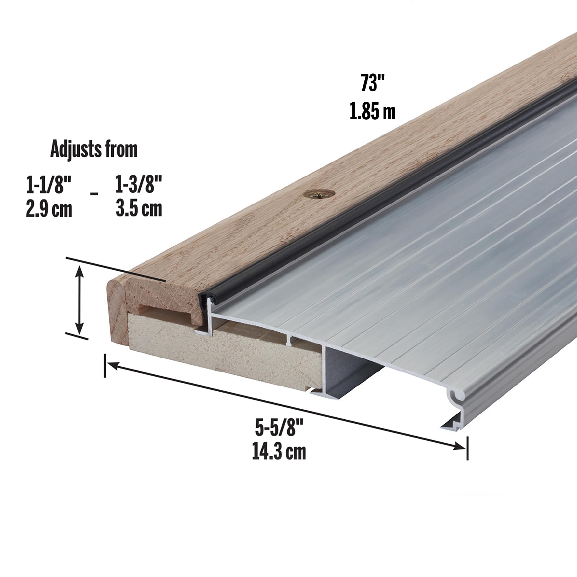 M-D Building Products 78618 5-5/8 in. x 1-1/8 in. x 73 in. Silver Adjustable Aluminum & Hardwood Threshold Kit - Versatile Solution for French and Exterior Doors