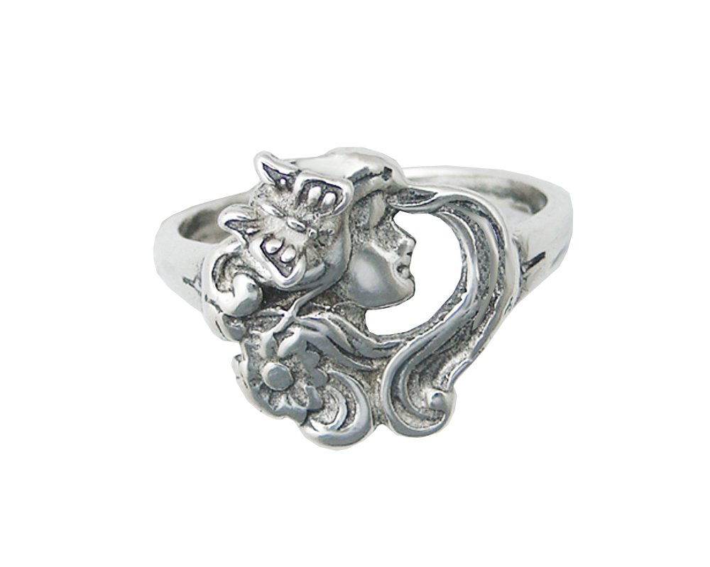 Sterling Silver Long Haired Woman Ring with Butterfly On Head Size 7