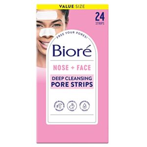 bioré nose+face blackhead remover pore strips, 12 nose + 12 face strips for chin or forehead, deep cleansing with instant blackhead removal and pore unclogging, non-comedogenic use, 24 ct value size