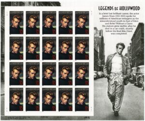 james dean: legends of hollywood, full sheet of 20 x 32-cent postage stamps, usa 1996, scott 3082