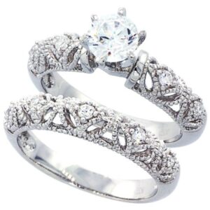 925 sterling silver wedding ring set, 0.7 carat round cz stone engagement ring 2pcs milgrain filigree vintage bridal set (size 5 to 10), 9