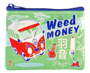 blue q coin purse, weed money. made from 95% recycled material, the ultimate little zipper bag to corral money, ear buds, gift cards, stamps, vitamins, coins. 3"h x 4"w.