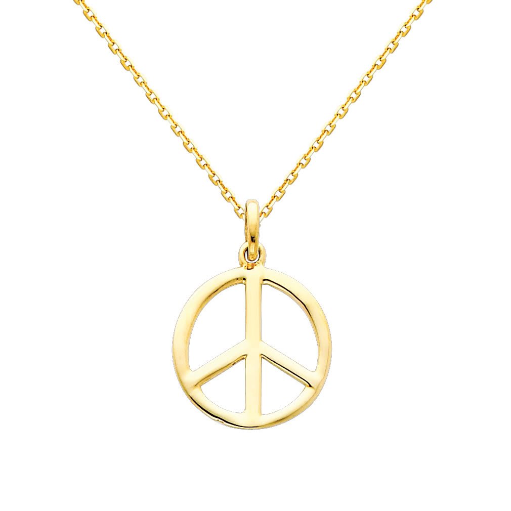 The World Jewelry Center 14k REAL Yellow Gold Peace Sign Pendant with 0.9mm Cable Chain Necklace - 16"