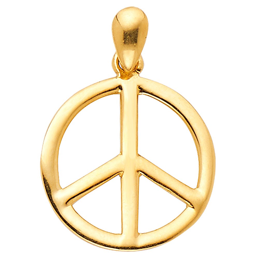 The World Jewelry Center 14k REAL Yellow Gold Peace Sign Pendant with 0.9mm Cable Chain Necklace - 16"