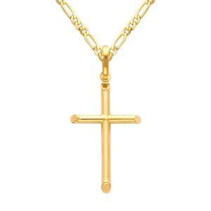 the world jewelry center 14k real yellow gold cross pendant with 2mm figaro chain necklace - 22"