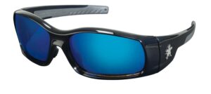 mcr safety crews sr118b swagger brash look polycarbonate dual lens glasses with polished black frame and blue diamond mirror lens, 6 inches x 2 inches