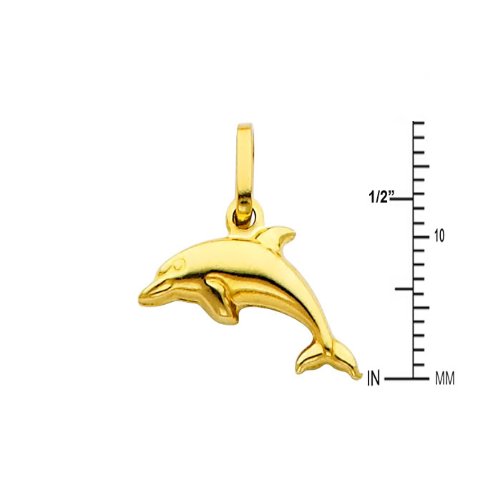 The World Jewelry Center 14k REAL Yellow Gold Dolphin Pendant with 0.9mm Cable Chain Necklace - 16"