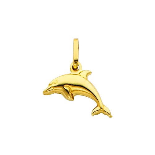 The World Jewelry Center 14k REAL Yellow Gold Dolphin Pendant with 0.9mm Cable Chain Necklace - 16"