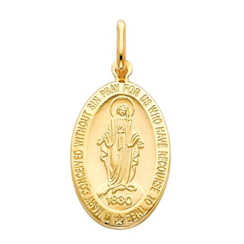 The World Jewelry Center 14k REAL Yellow Gold Religious Miraculous Mary Medal Pendant with 0.9mm Braided Wheat Chain Necklace - 20"