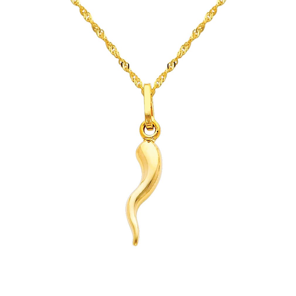 14k REAL Yellow Gold Cornicello Italian Horn Pendant with 1.2mm Singapore Chain Necklace - 20"