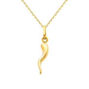 the world jewelry center 14k real yellow gold cornicello italian horn pendant with 0.9mm cable chain necklace - 16"