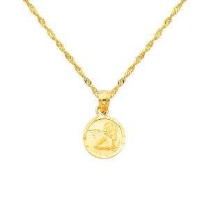 the world jewelry center 14k real yellow gold religious angel pendant with 1.2mm singapore chain necklace - 18"