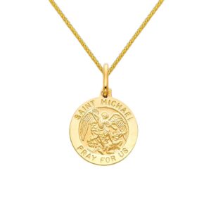 the world jewelry center 14k real yellow gold religious saint michael medal pendant with 0.9mm braided wheat chain necklace - 22"