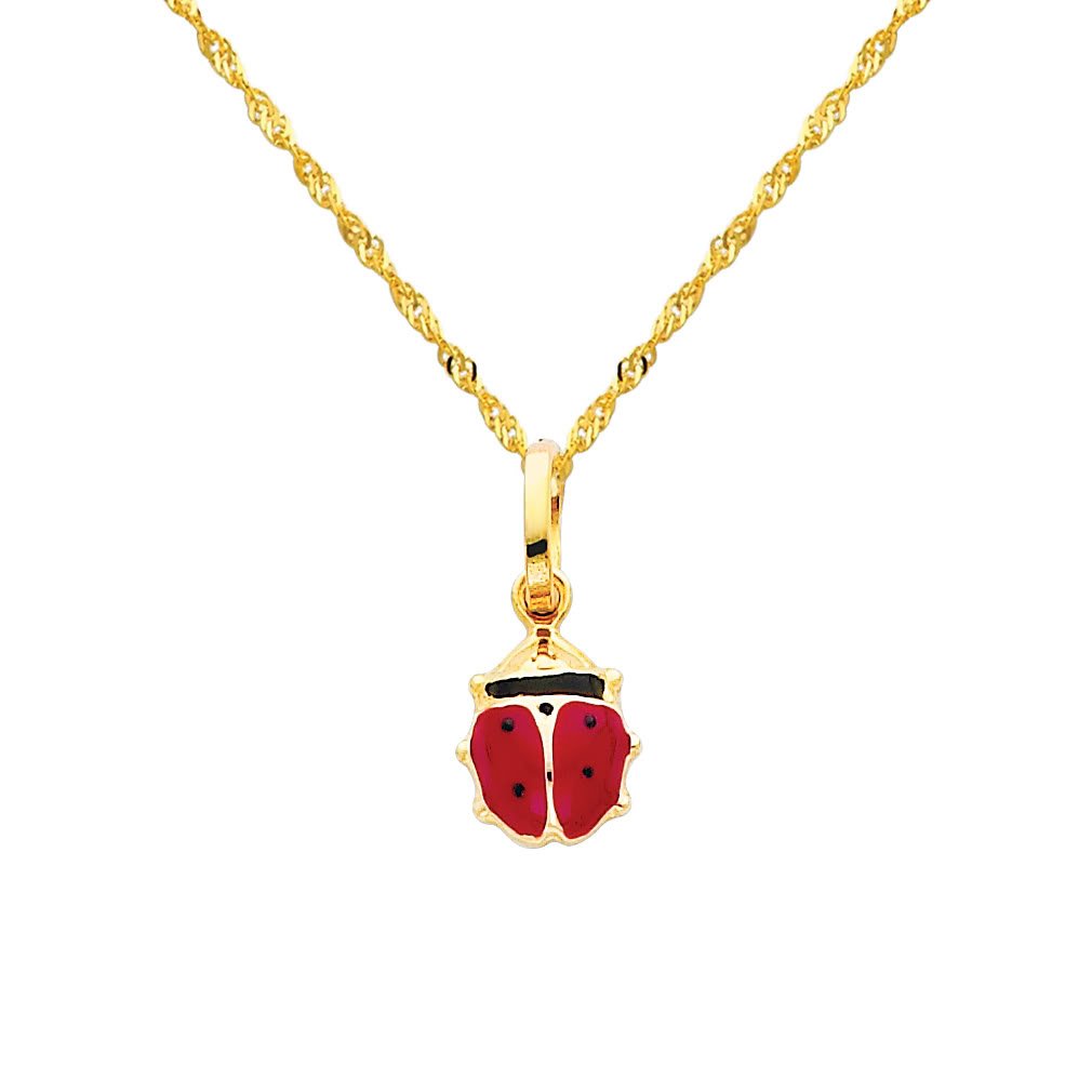 The World Jewelry Center 14k REAL Yellow Gold Lady Bug Enamel Pendant with 1.2mm Singapore Chain Necklace - 22"