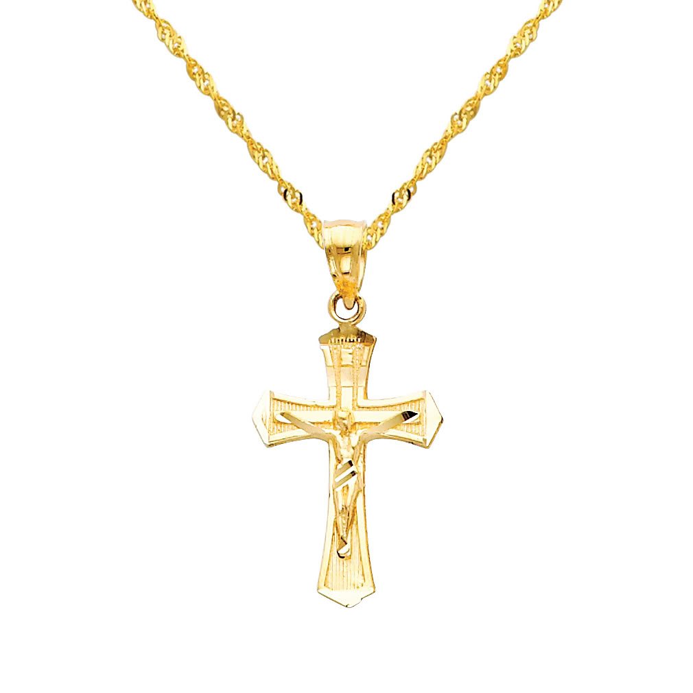 The World Jewelry Center 14k REAL Yellow Gold Jesus Cross Religious Pendant with 1.2mm Singapore Chain Necklace - 18"