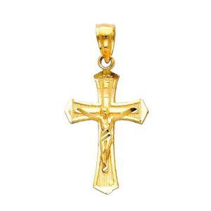 The World Jewelry Center 14k REAL Yellow Gold Jesus Cross Religious Pendant with 1.2mm Singapore Chain Necklace - 18"