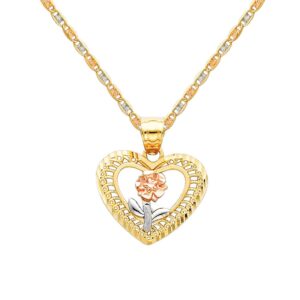 the world jewelry center 14k real tri color gold flower in heart pendant with 1.5mm diamond cut chain necklace - 22"