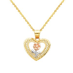 the world jewelry center 14k real tri color gold flower in heart pendant with 1.2mm cable chain necklace - 22"