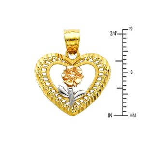 The World Jewelry Center 14k REAL Tri Color Gold Flower in Heart Pendant with 1.2mm Cable Chain Necklace - 22"