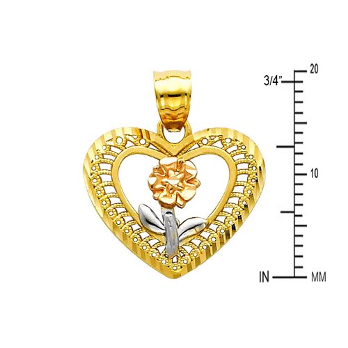 The World Jewelry Center 14k REAL Tri Color Gold Flower in Heart Pendant with 1.2mm Cable Chain Necklace - 22"