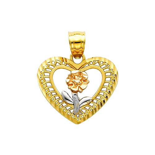 The World Jewelry Center 14k REAL Tri Color Gold Flower in Heart Pendant with 1.2mm Cable Chain Necklace - 22"