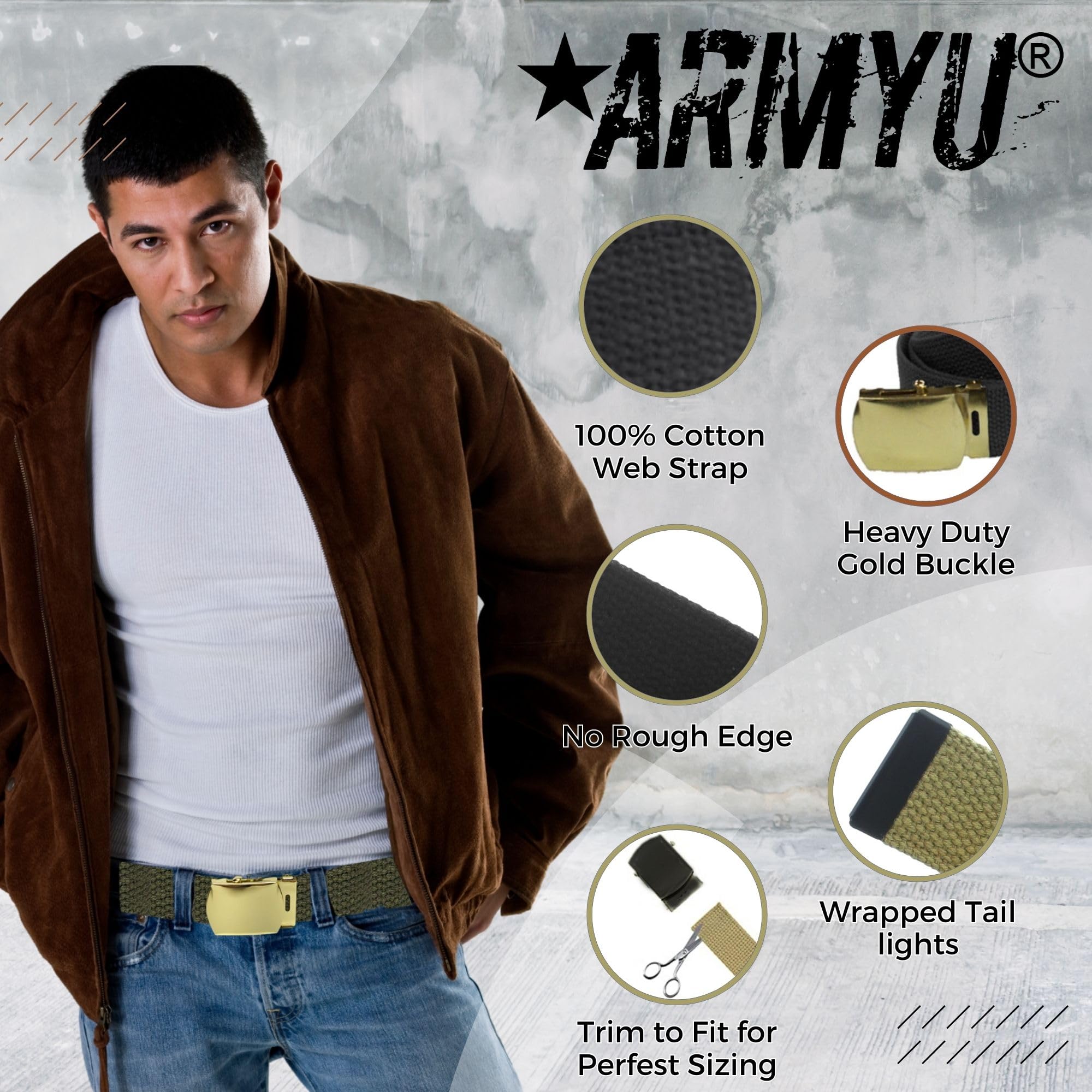 Army Universe 100% Cotton Canvas Military Web Belt 54" (Black Belt - Gold Buckle)